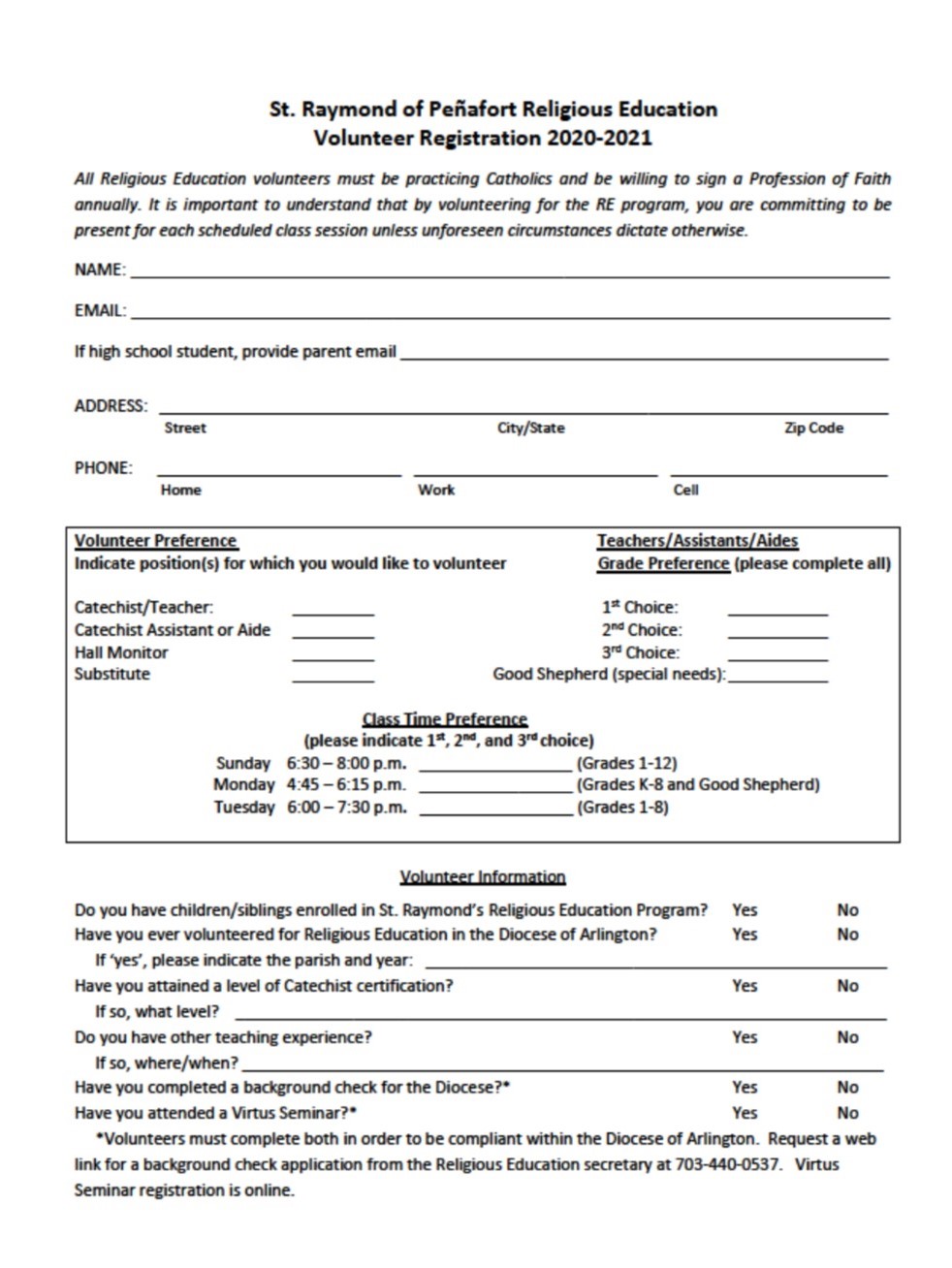 2020-21 Religious Education Volunteer Registration Form - Saint Raymond ...